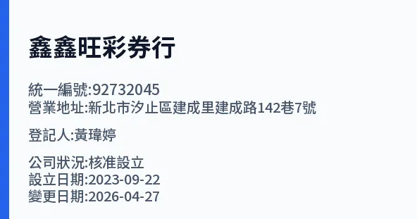 鑫鑫旺彩券行的照片-統編 92732045(新北市) 公司登記資料與營業項目詳細圖表