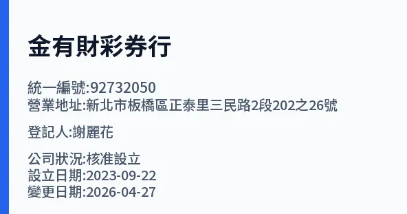 金有財彩券行的照片-統編 92732050(新北市) 公司登記資料與營業項目詳細圖表