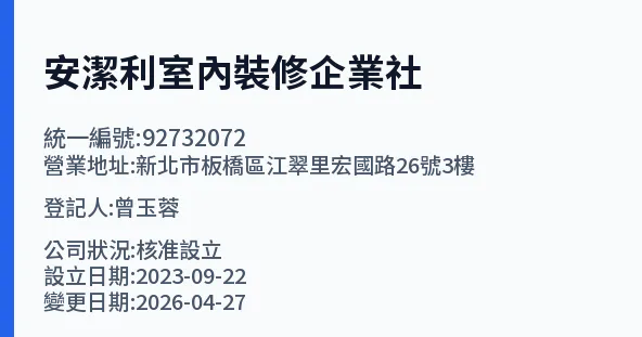 安潔利室內裝修企業社的照片-統編 92732072(新北市) 公司登記資料與營業項目詳細圖表