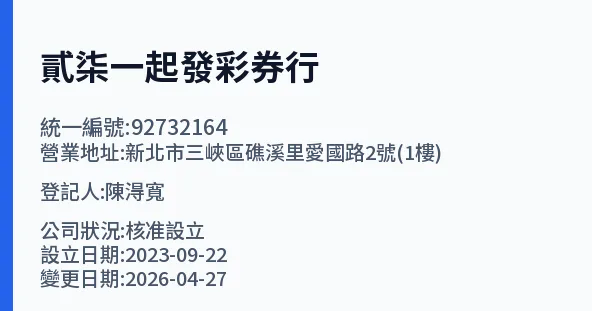 貳柒一起發彩券行的照片-統編 92732164(新北市) 公司登記資料與營業項目詳細圖表