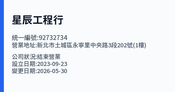 星辰工程行的照片-統編 92732734(新北市) 公司登記資料與營業項目詳細圖表