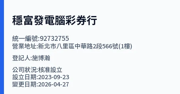 穩富發電腦彩券行的照片-統編 92732755(新北市) 公司登記資料與營業項目詳細圖表