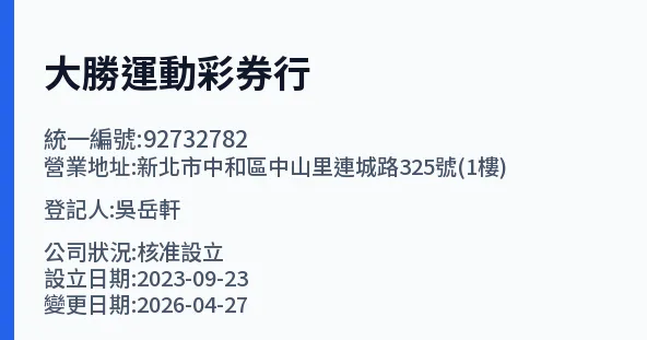 大勝運動彩券行的照片-統編 92732782(新北市) 公司登記資料與營業項目詳細圖表