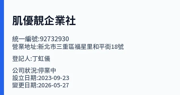肌優靚企業社的照片-統編 92732930(新北市) 公司登記資料與營業項目詳細圖表