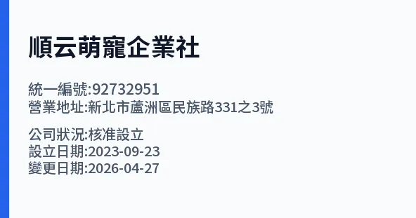 順云萌寵企業社的照片-統編 92732951(新北市) 公司登記資料與營業項目詳細圖表