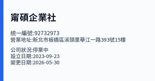 甯碩企業社的照片-統編 92732973(新北市) 公司登記資料與營業項目詳細圖表