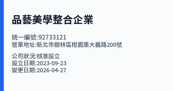 品藝美學整合企業的照片-統編 92733121(新北市) 公司登記資料與營業項目詳細圖表