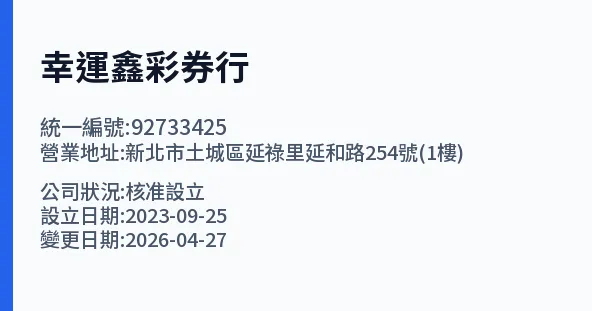 幸運鑫彩券行的照片-統編 92733425(新北市) 公司登記資料與營業項目詳細圖表