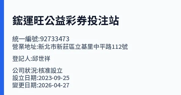 鋐運旺公益彩券投注站的照片-統編 92733473(新北市) 公司登記資料與營業項目詳細圖表