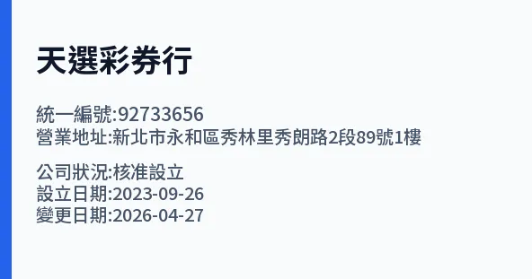天選彩券行的照片-統編 92733656(新北市) 公司登記資料與營業項目詳細圖表
