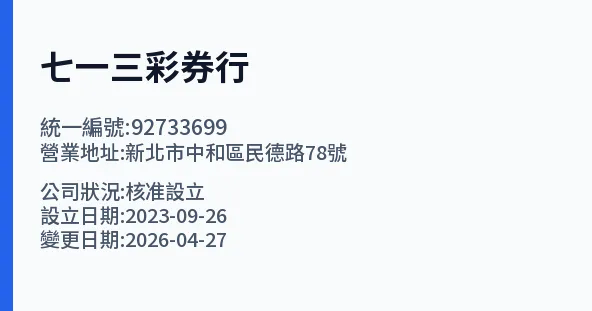 七一三彩券行的照片-統編 92733699(新北市) 公司登記資料與營業項目詳細圖表