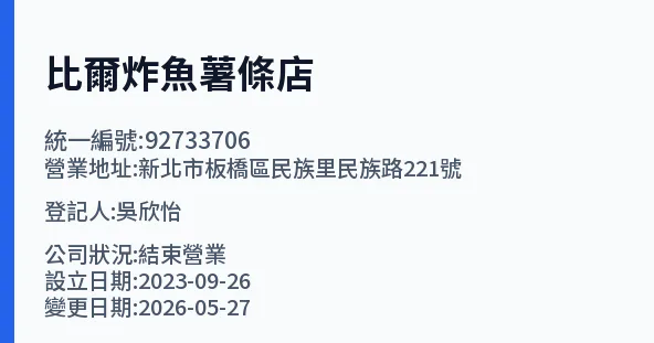 比爾炸魚薯條店的照片-統編 92733706(新北市) 公司登記資料與營業項目詳細圖表