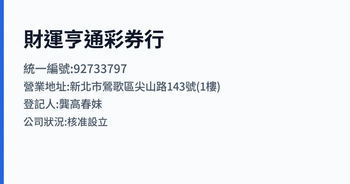 財運亨通彩券行 - 統編 92733797(新北市) 公司登記資料與營業項目詳細圖表
