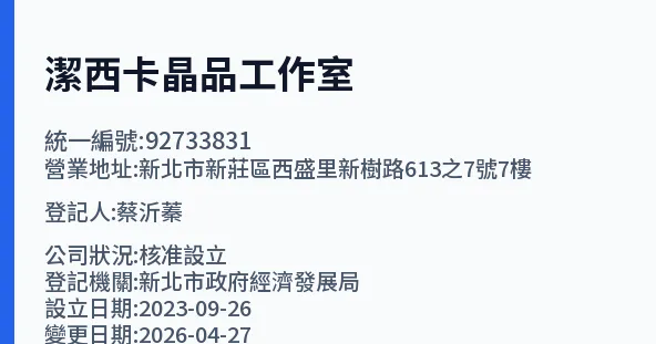 潔西卡晶品工作室的照片-統編 92733831(新北市) 公司登記資料與營業項目詳細圖表