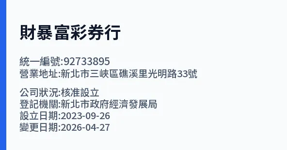 財暴富彩券行的照片-統編 92733895(新北市) 公司登記資料與營業項目詳細圖表