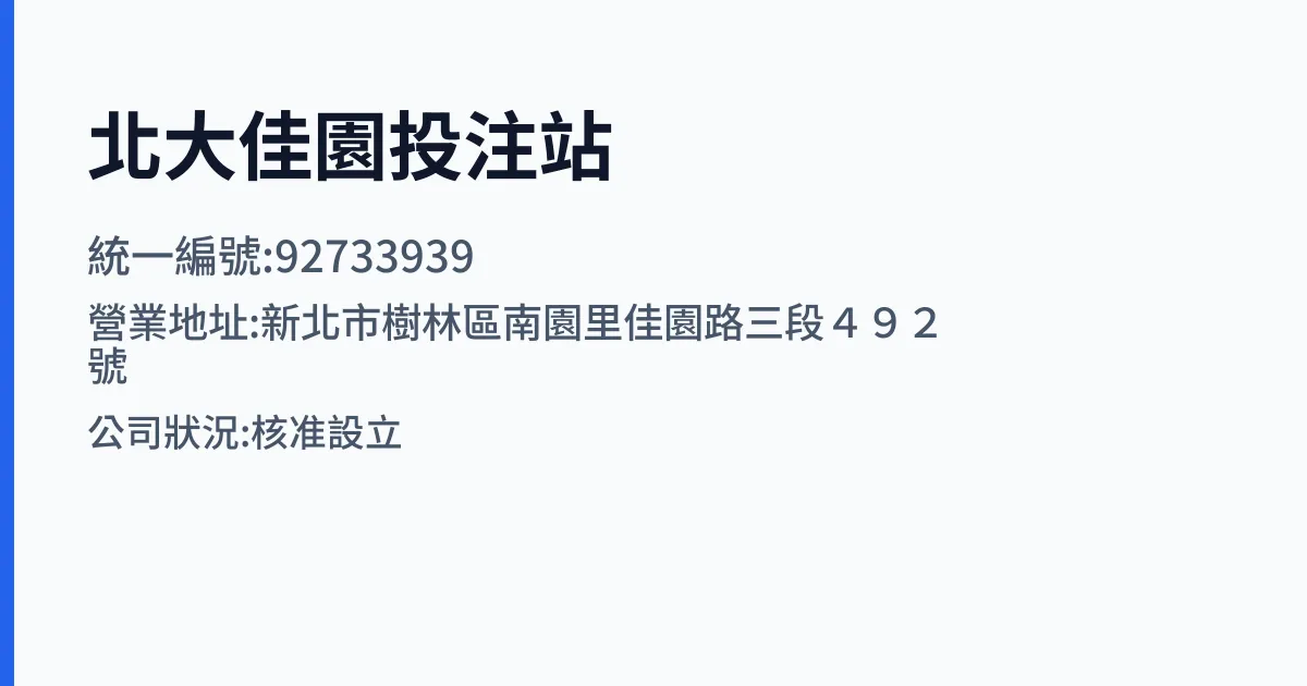 北大佳園投注站 - 統編 92733939(新北市) 公司登記資料與營業項目詳細圖表