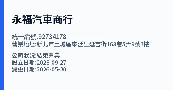 永福汽車商行的照片-統編 92734178(新北市) 公司登記資料與營業項目詳細圖表