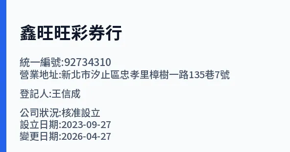 鑫旺旺彩券行的照片-統編 92734310(新北市) 公司登記資料與營業項目詳細圖表