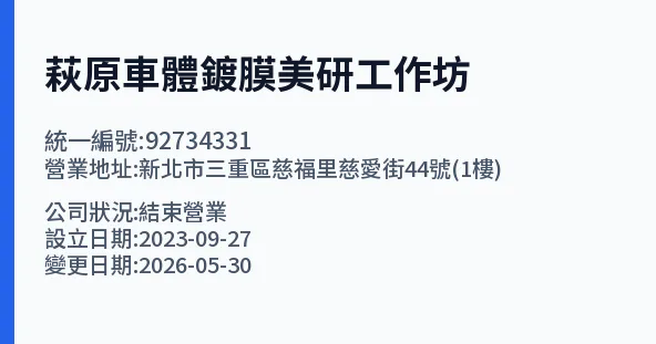 萩原車體鍍膜美研工作坊的照片-統編 92734331(新北市) 公司登記資料與營業項目詳細圖表