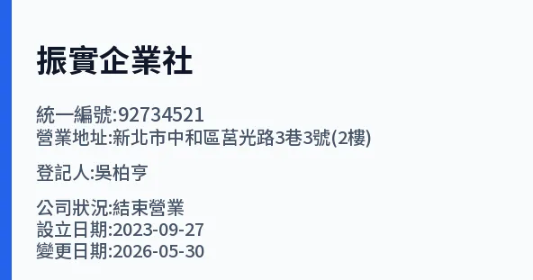 振實企業社的照片-統編 92734521(新北市) 公司登記資料與營業項目詳細圖表