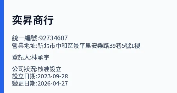 奕昇商行的照片-統編 92734607(新北市) 公司登記資料與營業項目詳細圖表