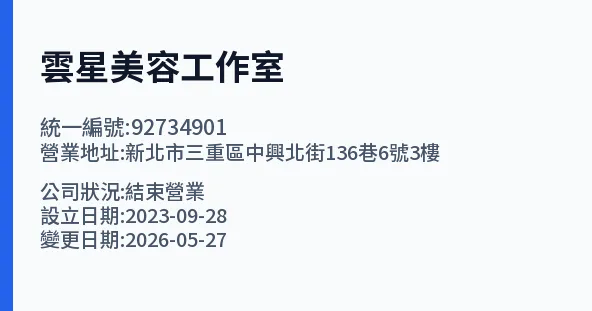 雲星美容工作室的照片-統編 92734901(新北市) 公司登記資料與營業項目詳細圖表