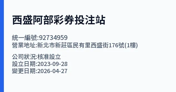 西盛阿部彩券投注站的照片-統編 92734959(新北市) 公司登記資料與營業項目詳細圖表