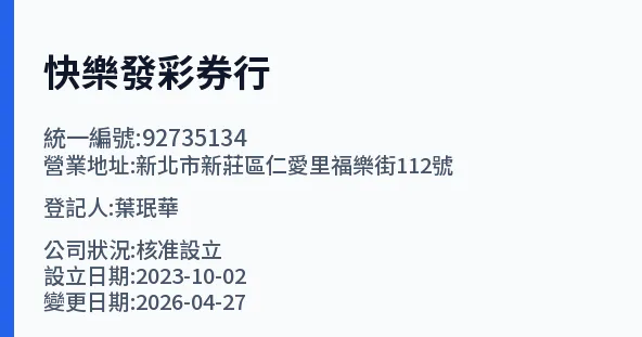 快樂發彩券行的照片-統編 92735134(新北市) 公司登記資料與營業項目詳細圖表