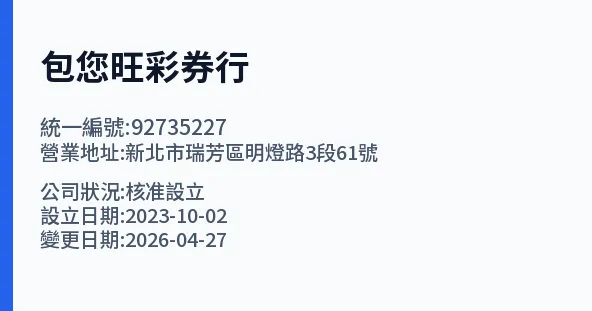 包您旺彩券行的照片-統編 92735227(新北市) 公司登記資料與營業項目詳細圖表