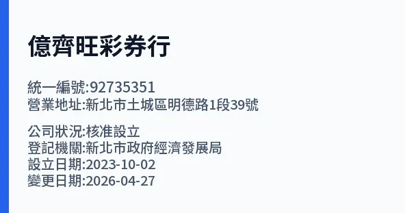 億齊旺彩券行的照片-統編 92735351(新北市) 公司登記資料與營業項目詳細圖表