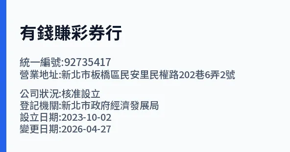 有錢賺彩券行的照片-統編 92735417(新北市) 公司登記資料與營業項目詳細圖表