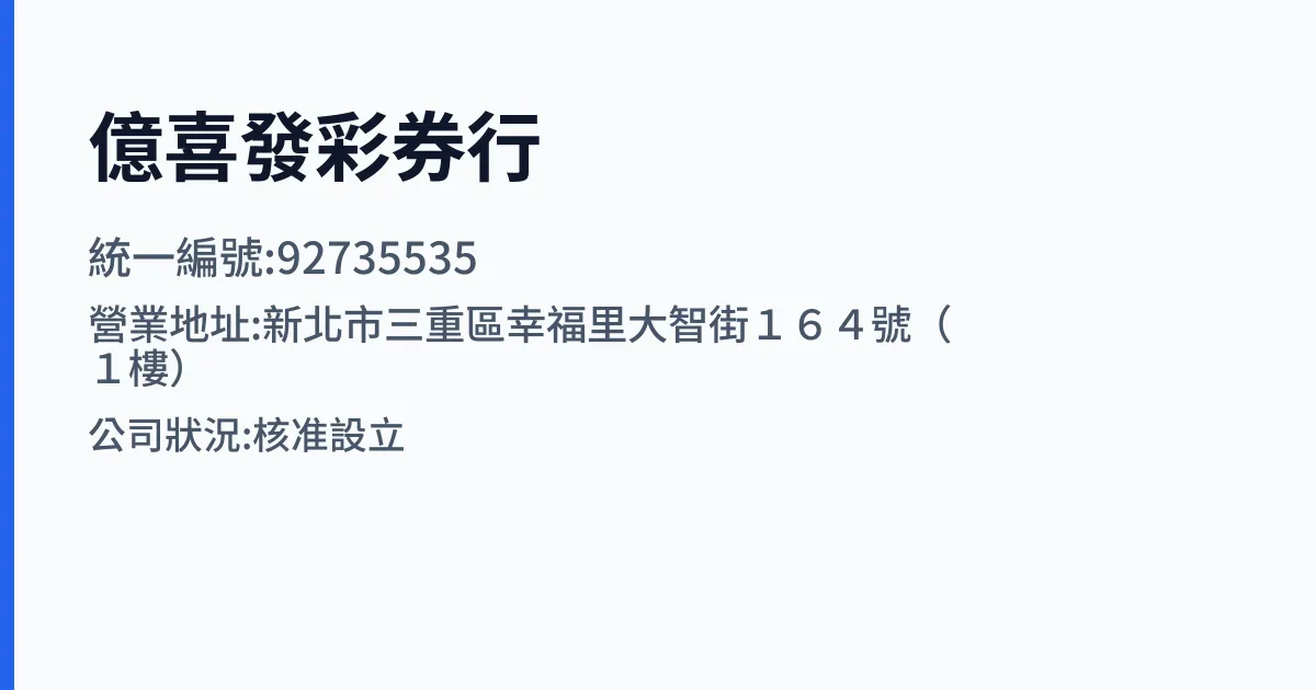 億喜發彩券行 - 統編 92735535(新北市) 公司登記資料與營業項目詳細圖表