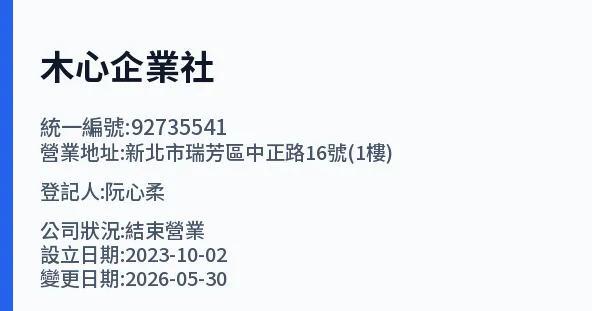 木心企業社的照片-統編 92735541(新北市) 公司登記資料與營業項目詳細圖表