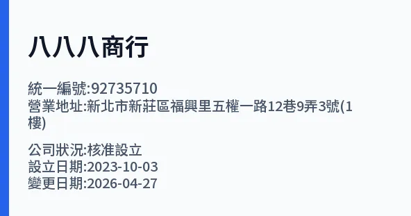 八八八商行的照片-統編 92735710(新北市) 公司登記資料與營業項目詳細圖表