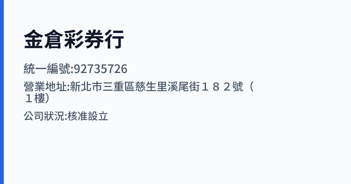 金倉彩券行 - 統編 92735726(新北市) 公司登記資料與營業項目詳細圖表