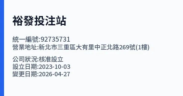 裕發投注站的照片-統編 92735731(新北市) 公司登記資料與營業項目詳細圖表