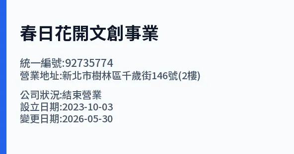 春日花開文創事業的照片-統編 92735774(新北市) 公司登記資料與營業項目詳細圖表