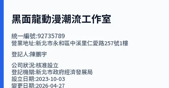 黑面龍動漫潮流工作室的照片-統編 92735789(新北市) 公司登記資料與營業項目詳細圖表