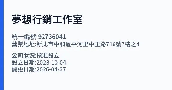 夢想行銷工作室的照片-統編 92736041(新北市) 公司登記資料與營業項目詳細圖表