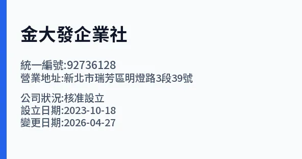 金大發企業社的照片-統編 92736128(新北市) 公司登記資料與營業項目詳細圖表