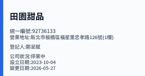 田園甜品的照片-統編 92736133(新北市) 公司登記資料與營業項目詳細圖表