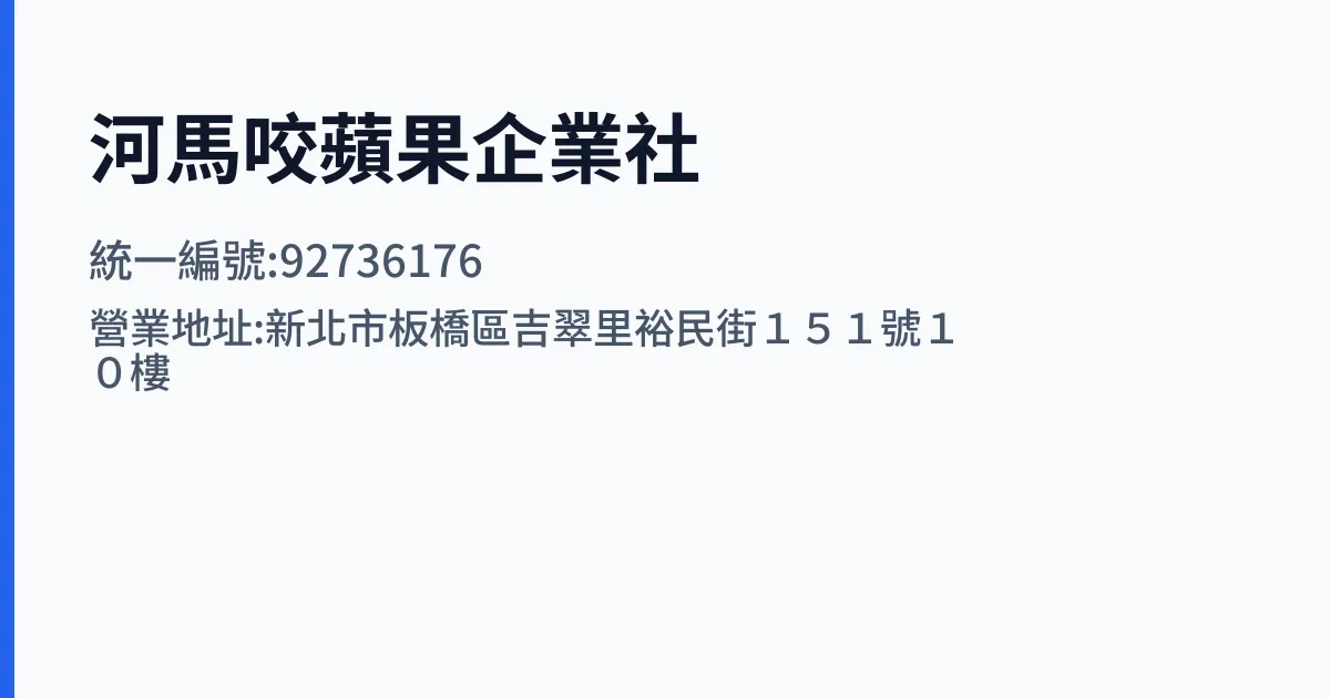 河馬咬蘋果企業社 - 統編 92736176(新北市) 公司登記資料與營業項目詳細圖表