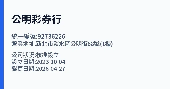 公明彩券行的照片-統編 92736226(新北市) 公司登記資料與營業項目詳細圖表