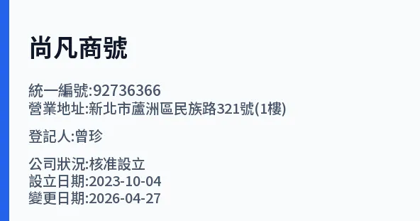 尚凡商號的照片-統編 92736366(新北市) 公司登記資料與營業項目詳細圖表