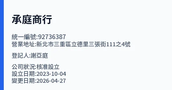 承庭商行的照片-統編 92736387(新北市) 公司登記資料與營業項目詳細圖表