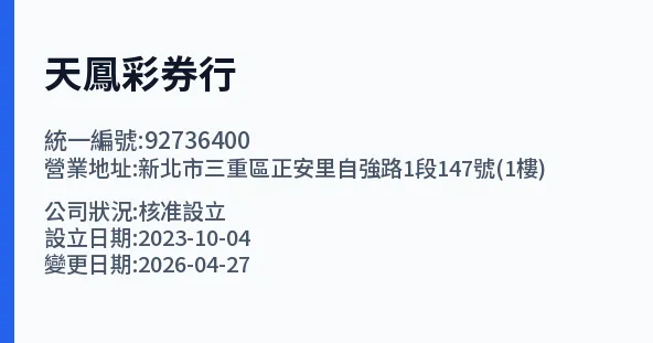天鳳彩券行的照片-統編 92736400(新北市) 公司登記資料與營業項目詳細圖表