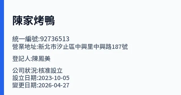 陳家烤鴨的照片-統編 92736513(新北市) 公司登記資料與營業項目詳細圖表