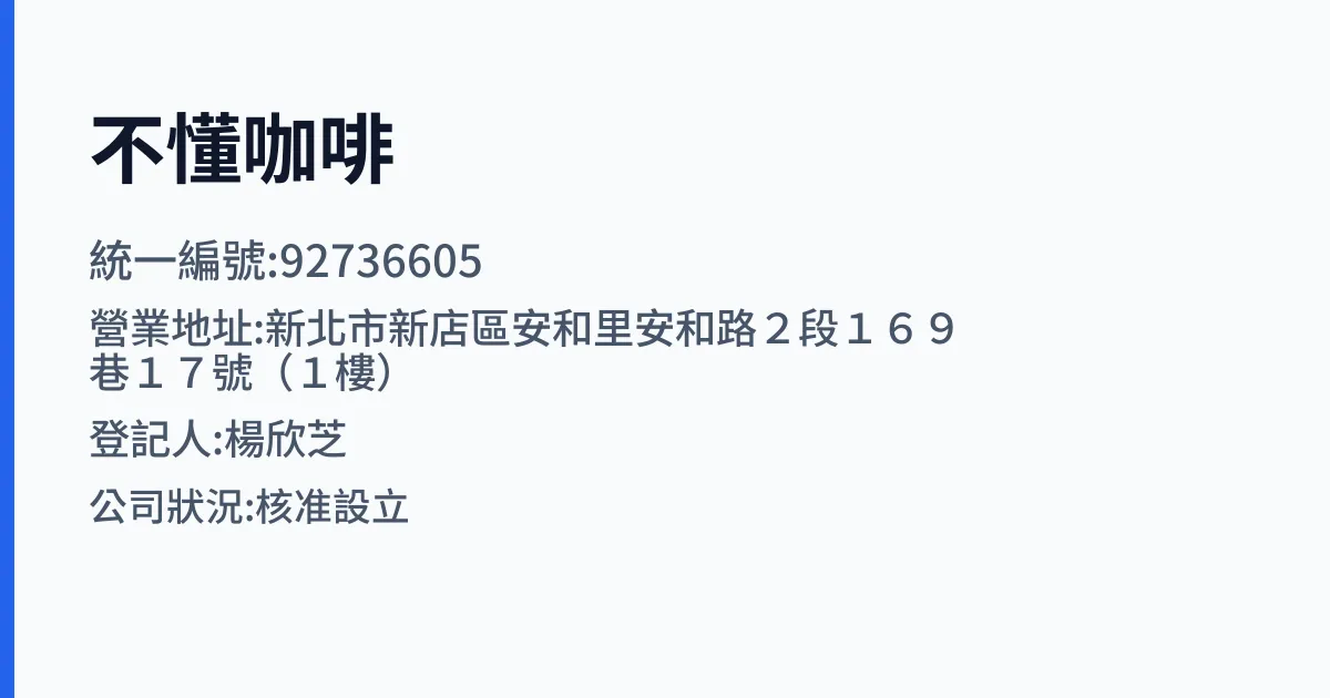 不懂咖啡 - 統編 92736605(新北市) 公司登記資料與營業項目詳細圖表