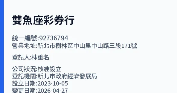 雙魚座彩券行的照片-統編 92736794(新北市) 公司登記資料與營業項目詳細圖表