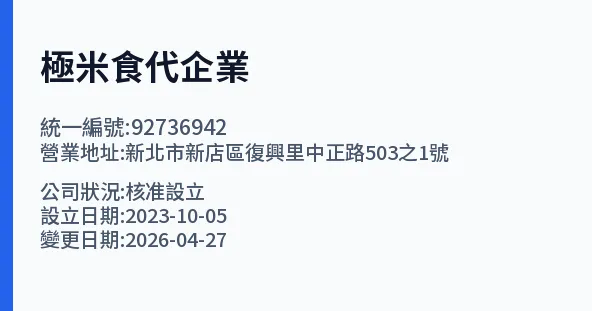 極米食代企業的照片-統編 92736942(新北市) 公司登記資料與營業項目詳細圖表
